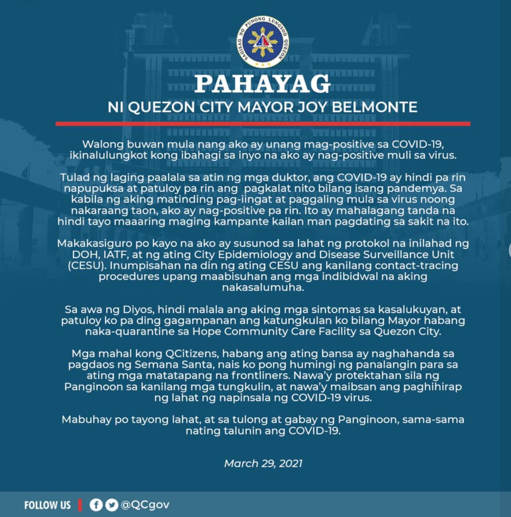 QC Mayor Belmonte again tests positive for COVID-19